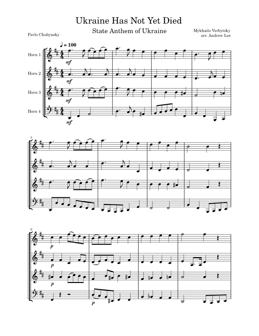 [(Horn) Quartet] National Anthem of Ukraine Sheet music for French horn ...