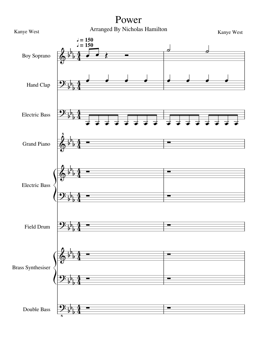 Power Kanye West Sheet Music for Piano, Child, Contrabass, Snare drum ...