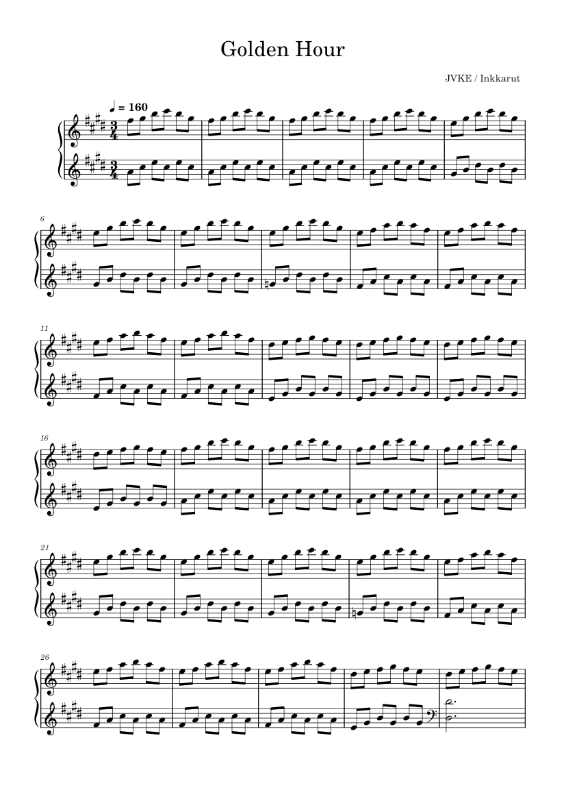 Golden Hour – JVKE GOLDEN HOUR Sheet Music for Piano (Solo) easy ...