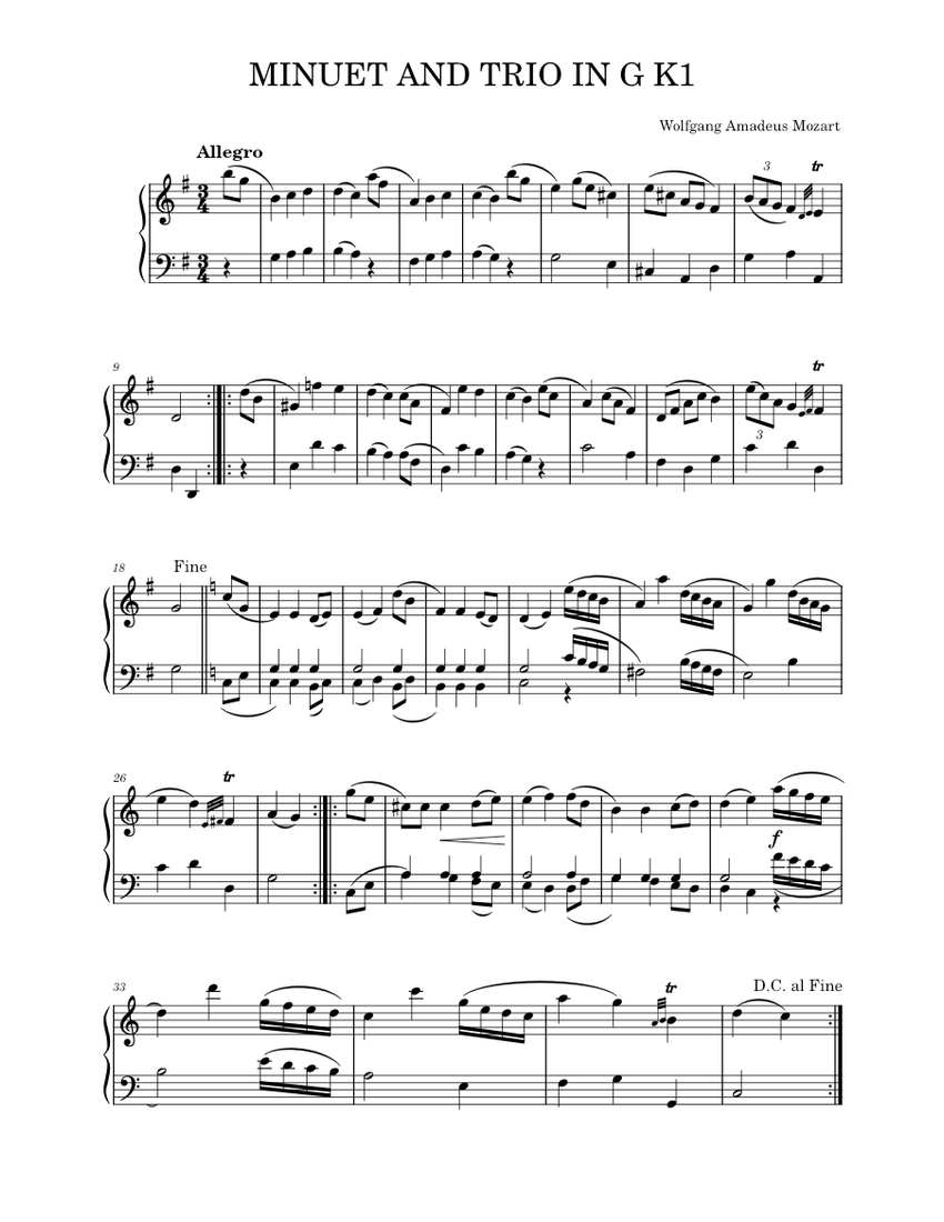 Minuet in G major, K.1/1e – Wolfgang Amadeus Mozart Mozart K1 Sheet ...