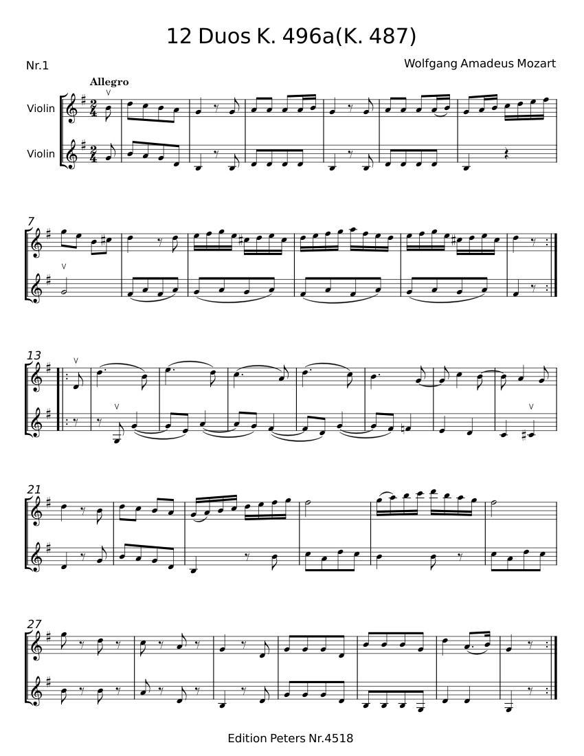 12 Horn Duos, K.487/496a - Wolfgang Amadeus Mozart Sheet Music for Violin (String Duet ...