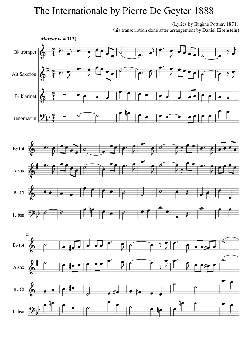 The Internationale by Pierre De Geyter 1888 4 st. Bb Sheet Music for ...