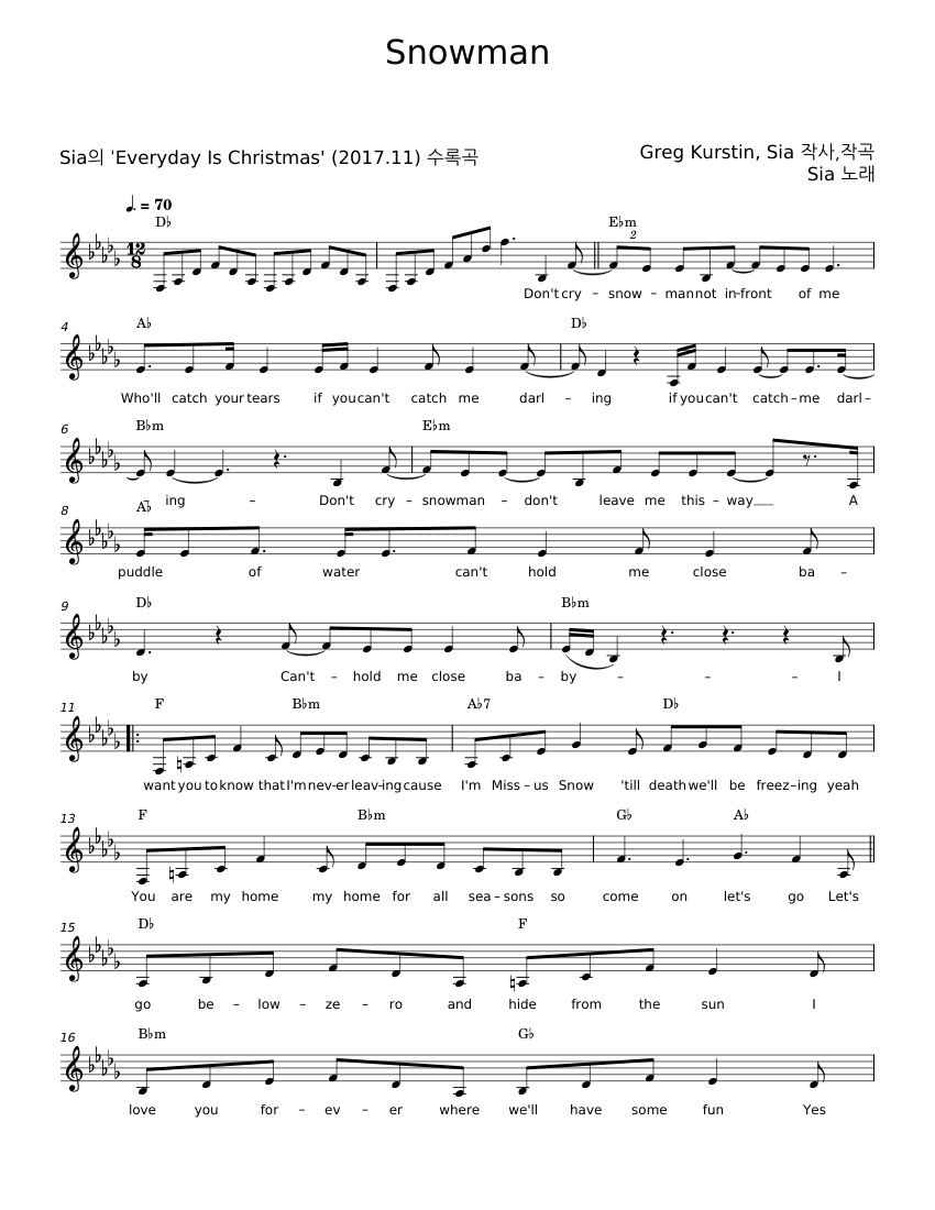 Snowman - Sia Sheet Music with Chords for Vocals (Solo) | MuseScore.com