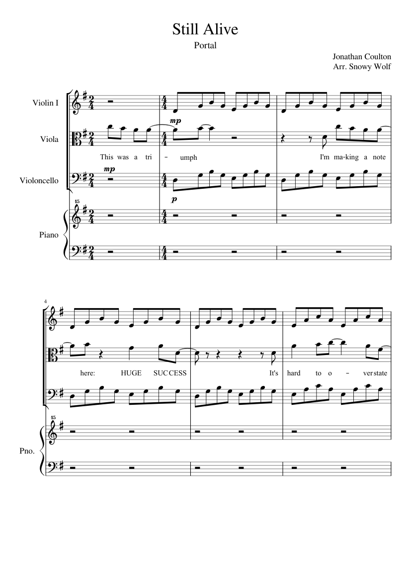 Still Alive for Violin, Viola, Cello and Piano (Portal) Sheet music for ...