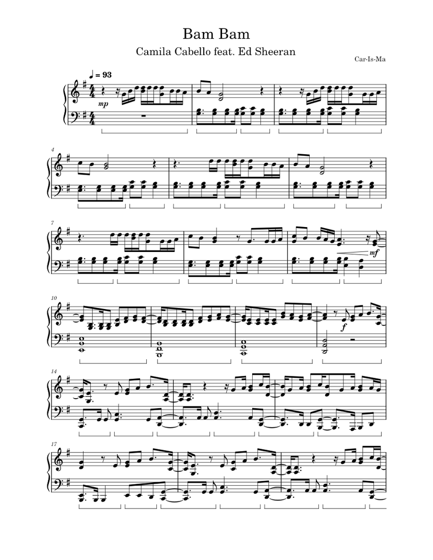 Bam Bam (feat. Ed Sheeran) – Camila Cabello Sheet music for Piano (Solo ...