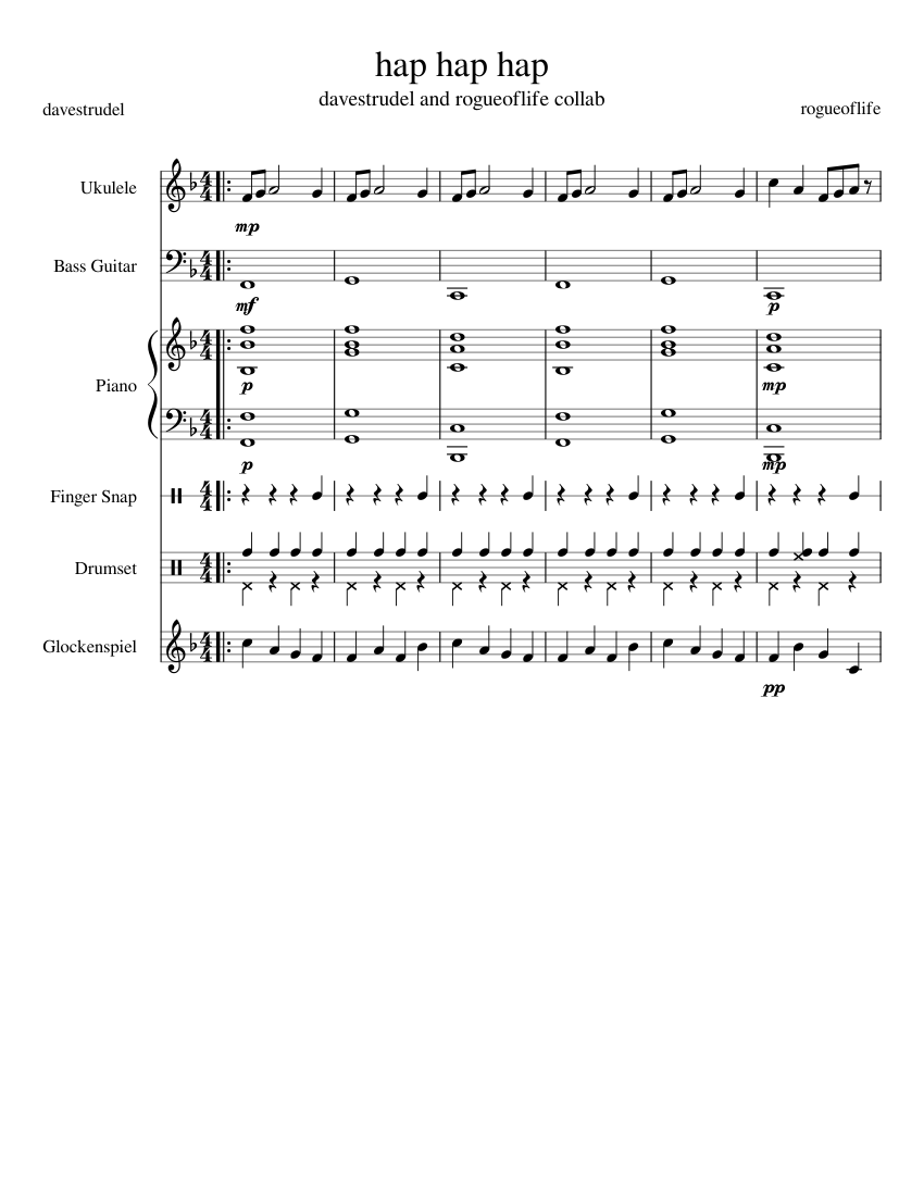 hap hap hap Sheet music for Piano, Glockenspiel, Bass guitar, Drum ...