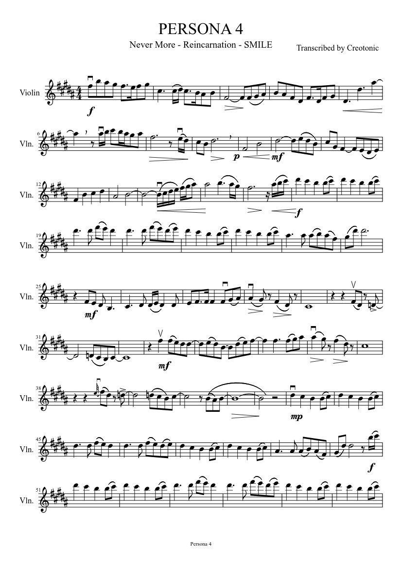 Persona 4 Reincarnation Nevermore - SMILE [Violin] Sheet Music for ...
