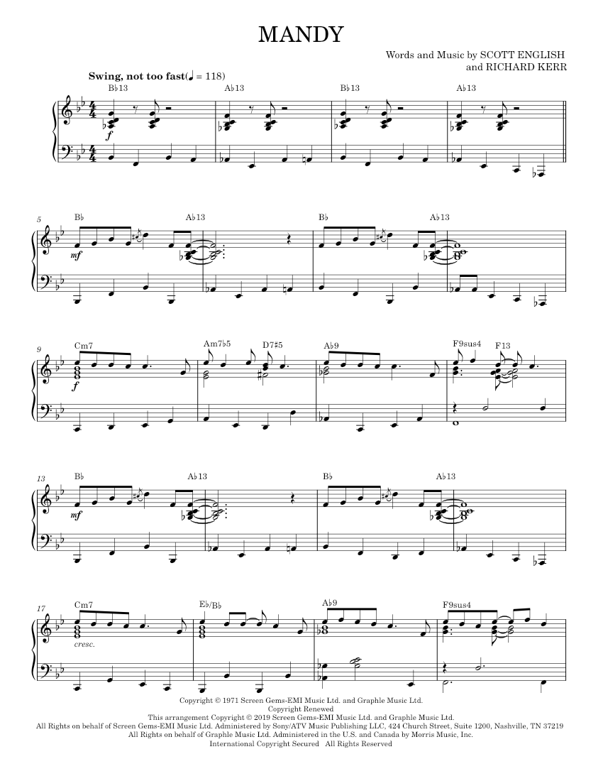 Play Official version of Mandy Sheet Music by Barry Manilow for Piano ...
