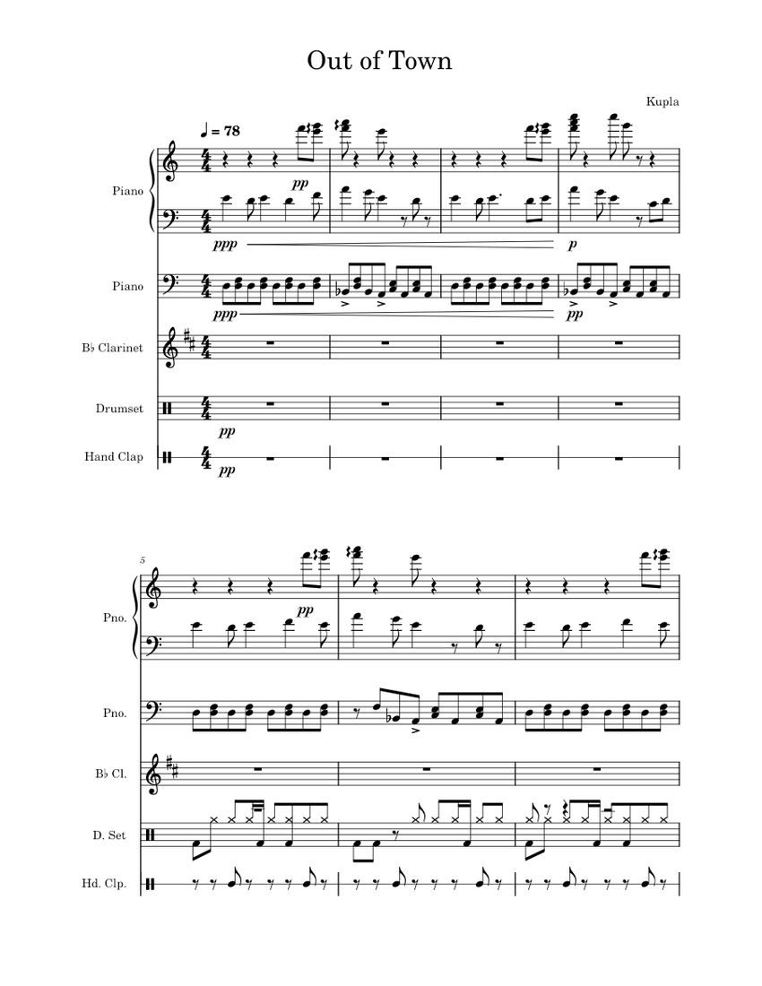 Out of Town – Kupla Sheet music for Piano, Clarinet in b-flat, Drum ...