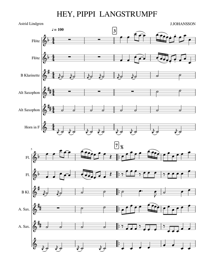 HEY, PIPPI LANGSTRUMPF Sheet music for Flute, Clarinet in b-flat ...