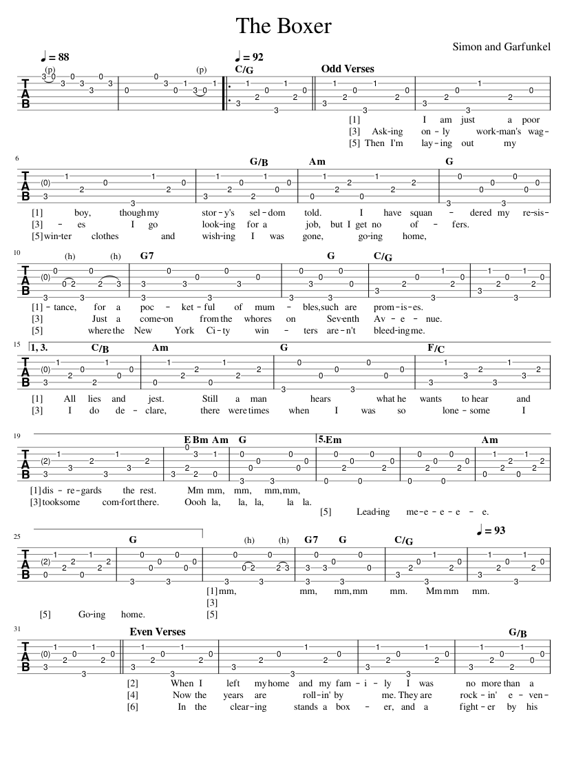 The Boxer - Simon & Garfunkel (print) Sheet Music and Tab with Chords ...