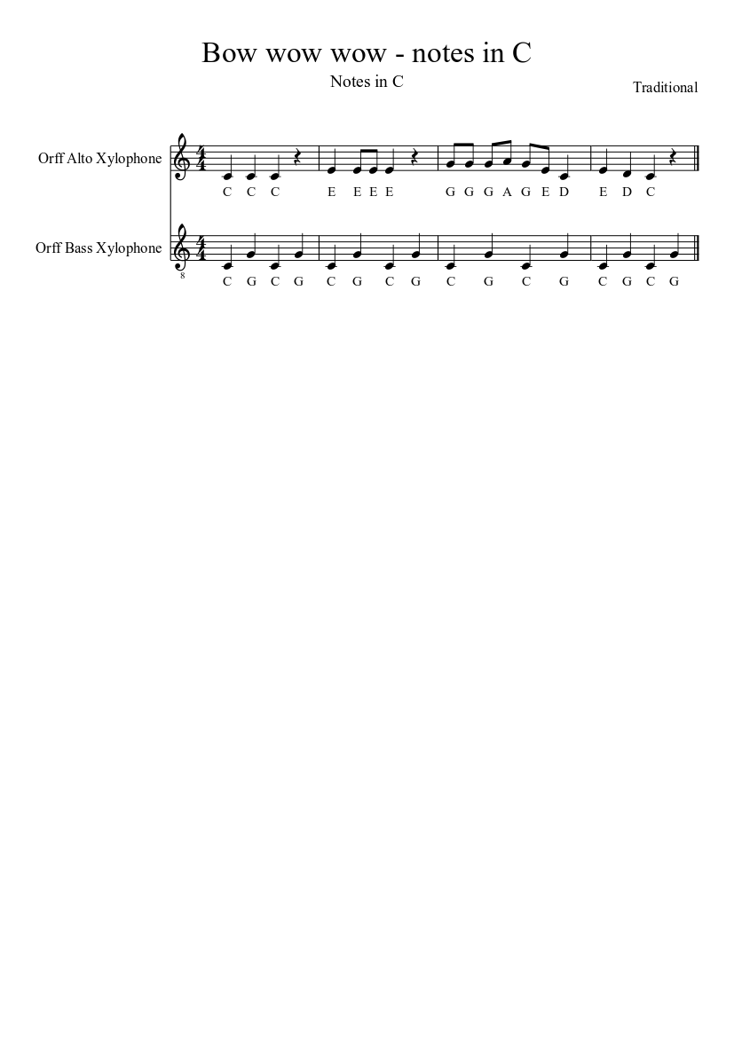 Bow wow wow - notes in C Sheet music for Xylophone (Percussion Duet ...