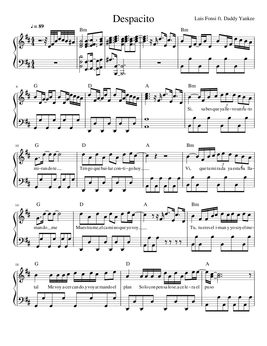 Despacito-the best notes for Piano Sheet Music with Chords for Piano ...