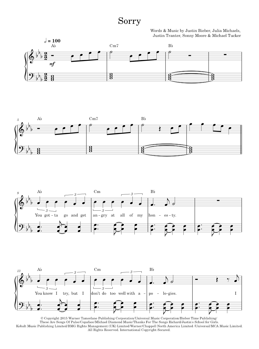 Play Official version of Sorry sheet music by Justin Bieber for Piano ...