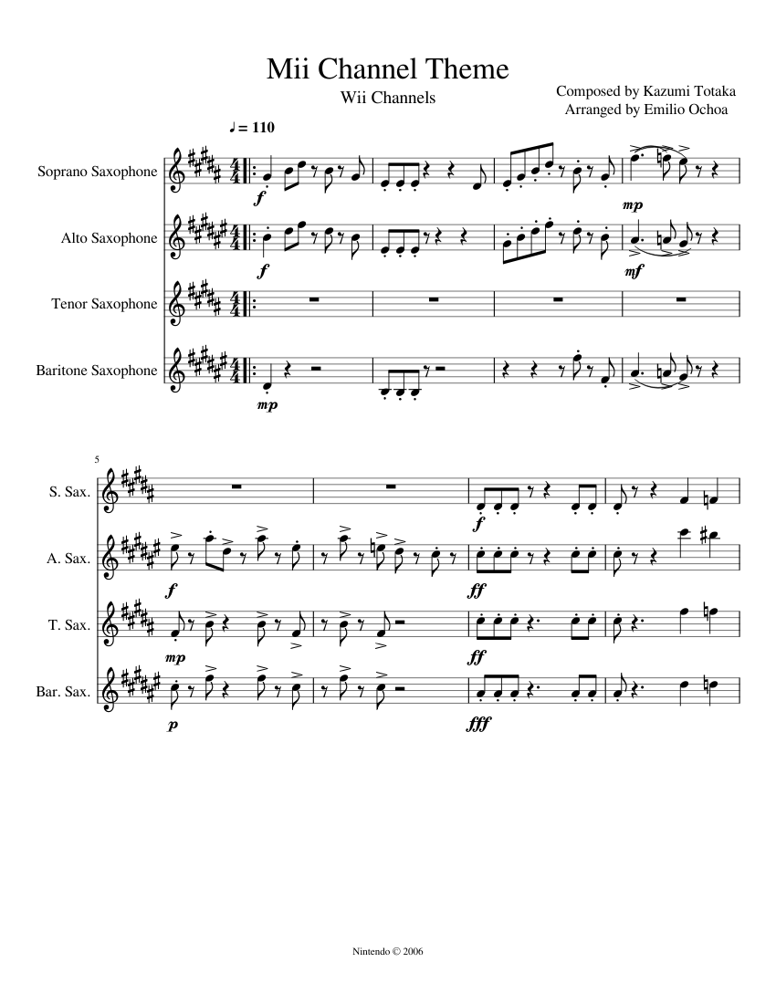 Mii Channel Theme Sheet music for Saxophone alto, Saxophone tenor ...