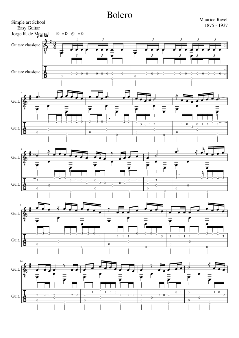 TAB Bolero Maurice Ravel Sheet music for Guitar (Mixed Duet ...