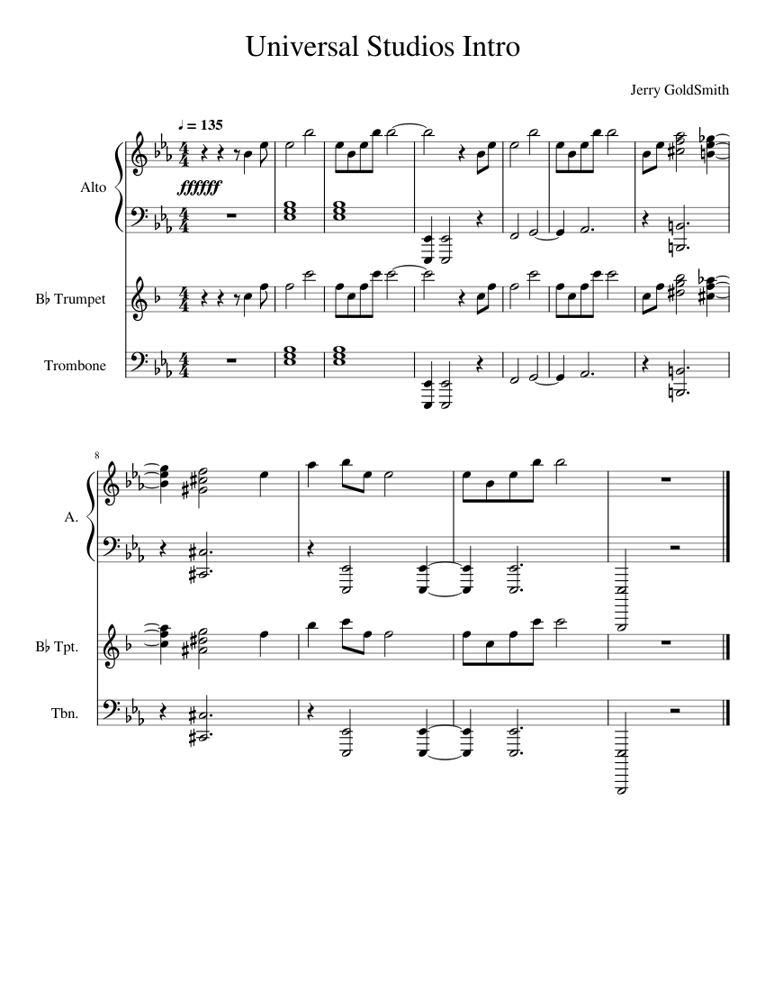 Universal Studios Intro Sheet music for Trombone, Alto, Trumpet in b ...