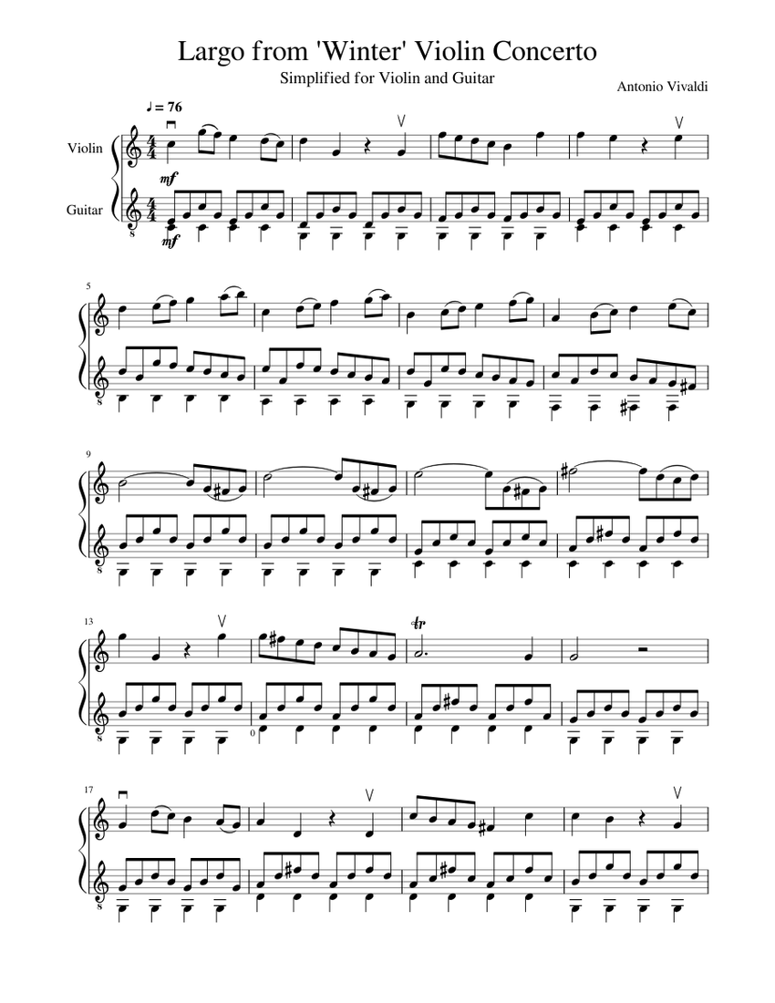Largo from 'Winter' for Easy Violin and Guitar - Antonio Vivaldi Sheet ...