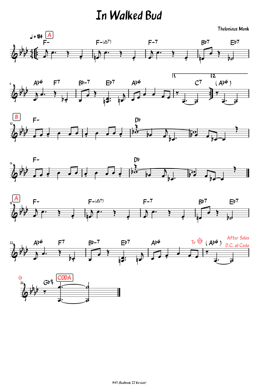 In Walked Bud (Lead sheet ) Sheet Music with Chords for Piano (Solo ...
