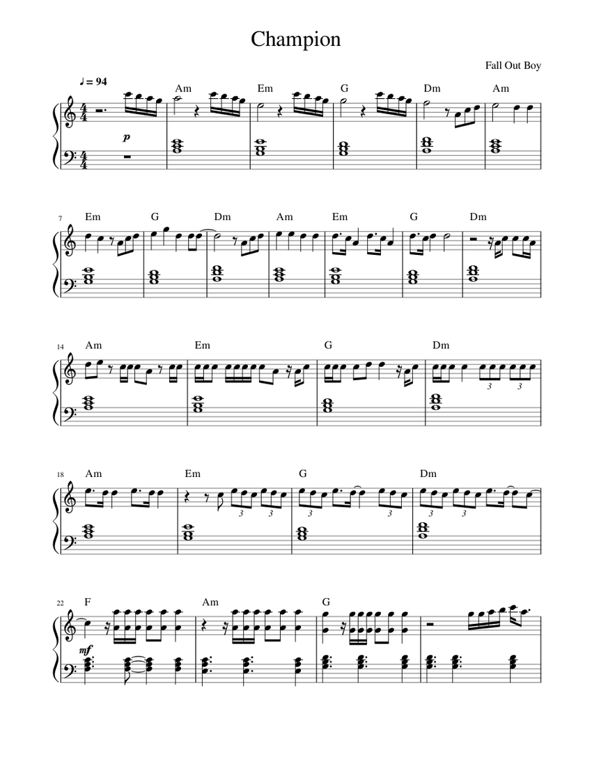 Champion Fall Out Boy Sheet music for Piano (Solo) Easy | Musescore.com