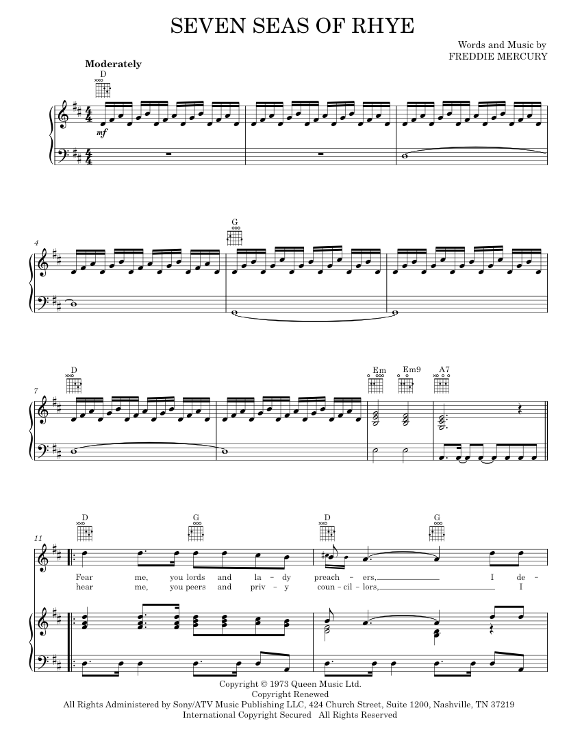 Play Official version of Seven seas of rhye Sheet Music by Queen for ...