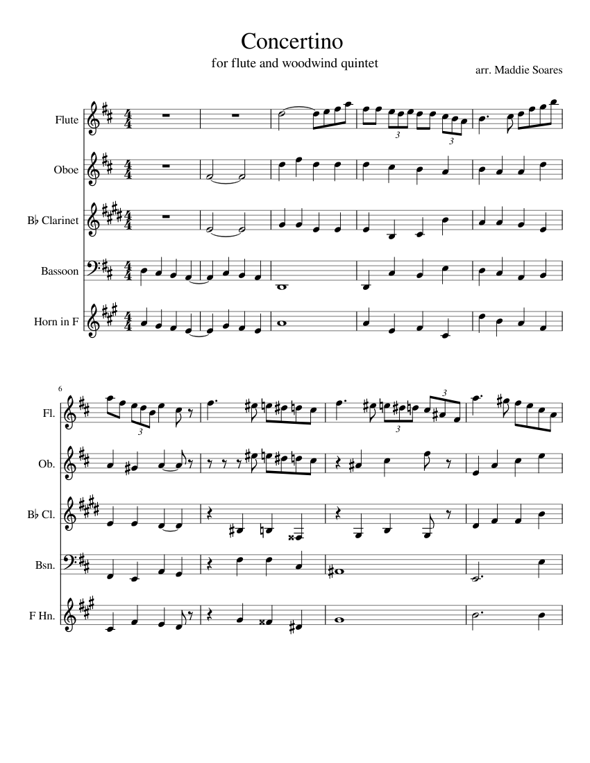 Concertino Sheet music for Flute, Oboe, Clarinet in b-flat, Bassoon ...
