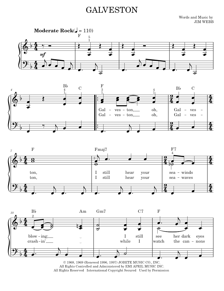 Play Official version of Galveston sheet music by Glen Campbell for ...