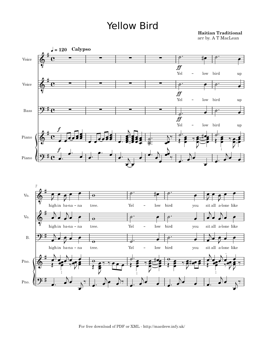 Yellow Bird TTB Sheet Music for Piano, Bass guitar, Voice (other ...