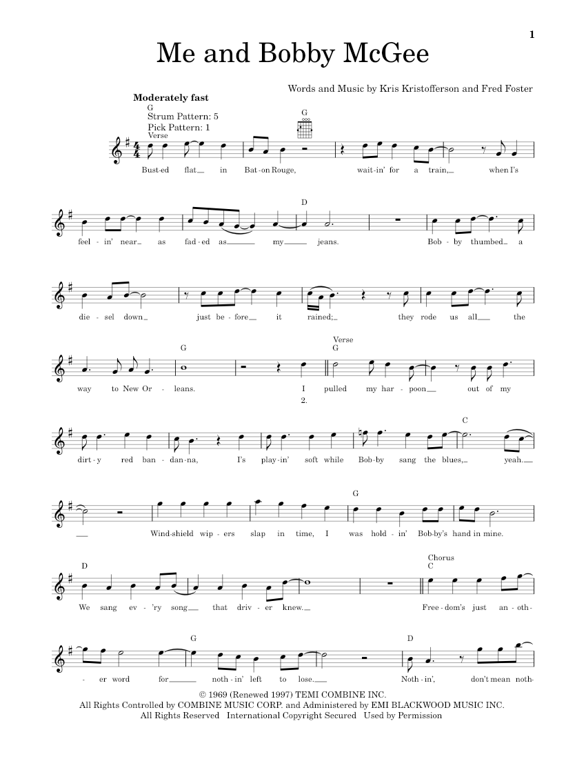 Play Official version of Me and bobby mcgee Sheet Music by Janis Joplin ...