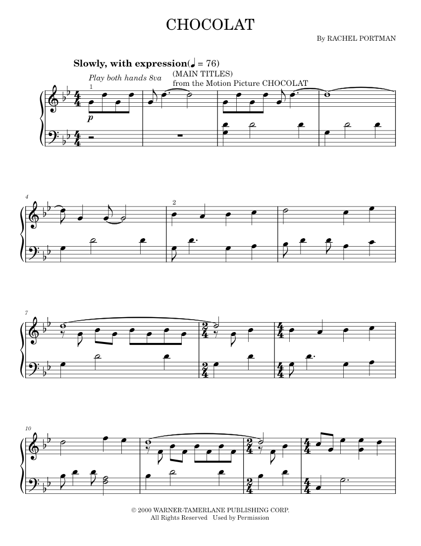 Chocolat Sheet music for Piano by Rachel Portman: Music Notes by MuseScore