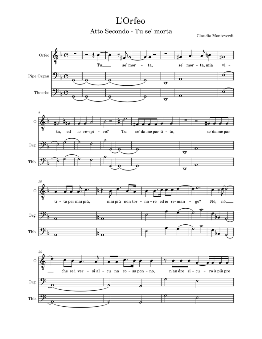 Claudio Monteverdi - L'Orfeo - Atto II - Tu se' morta Sheet music for ...