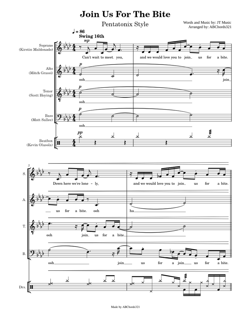 Join Us For The Bite (JT Music) | Pentatonix Style Sheet Music Sheet ...