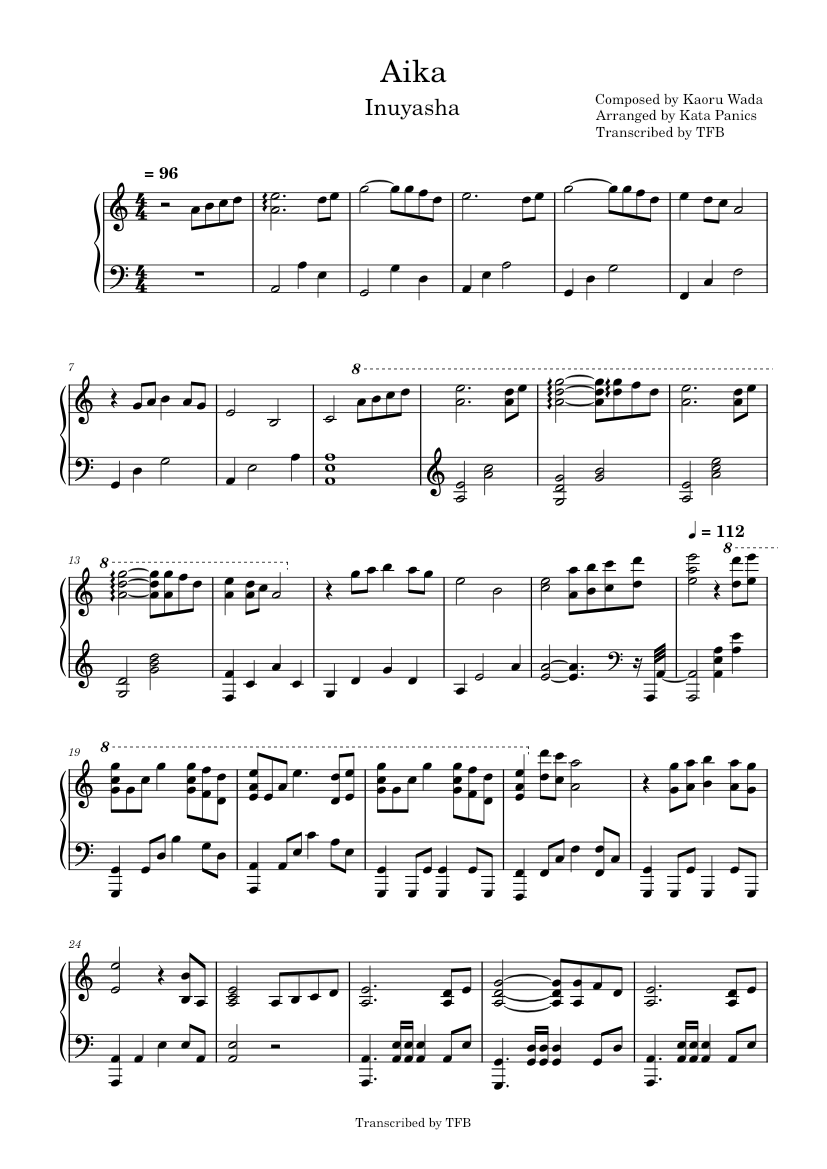 Aika - Inuyasha OST – Kaoru Wada Sheet music for Piano (Solo) | Musescore.com