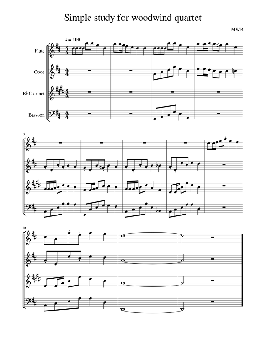 Simple study for woodwind quartet Sheet music for Flute, Clarinet (In B ...