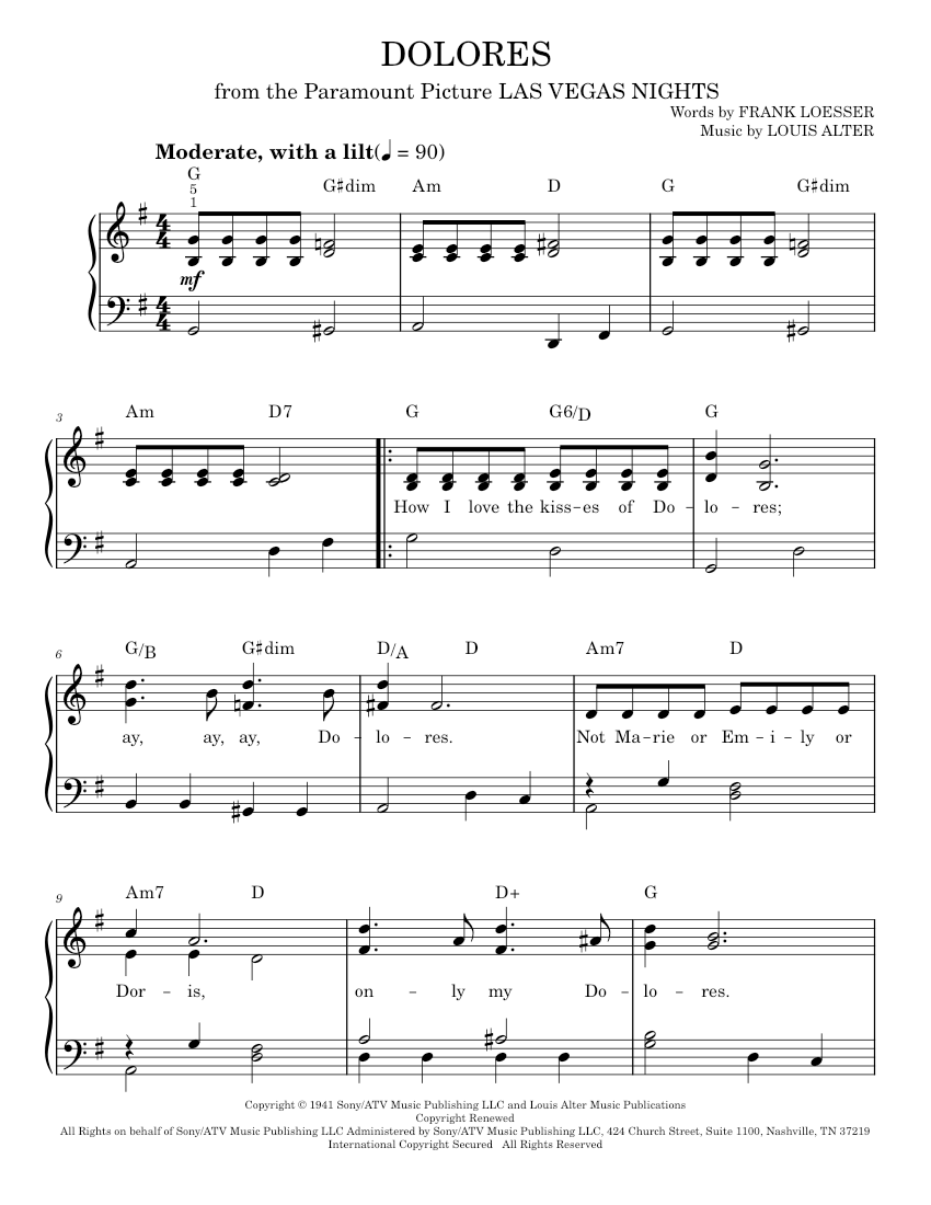 Dolores Sheet music for Piano by Frank Loesser Official | MuseScore.com