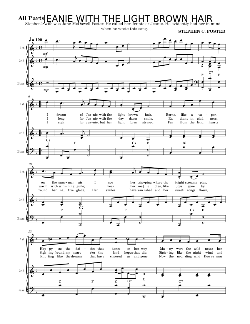 Jeanie with the Light Brown Hair – Stephen Foster Sheet music for ...