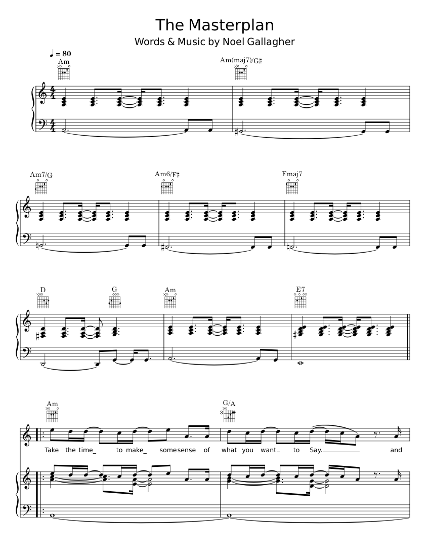 The Masterplan - Noel Gallagher Sheet Music with Chords for Piano ...