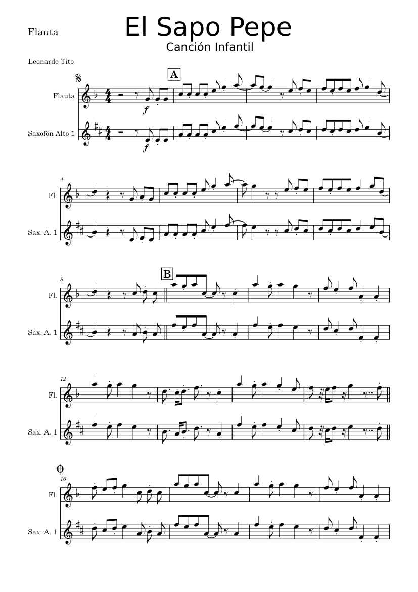Sapo Pepe – Adriana Szusterman Sheet music for Flute, Saxophone alto ...