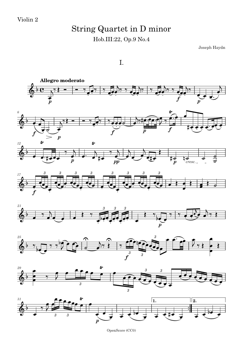 String Quartet in D minor, Hob.III:22, Op.9 No.4 – Joseph Haydn - Violin 2 PART Sheet music for ...