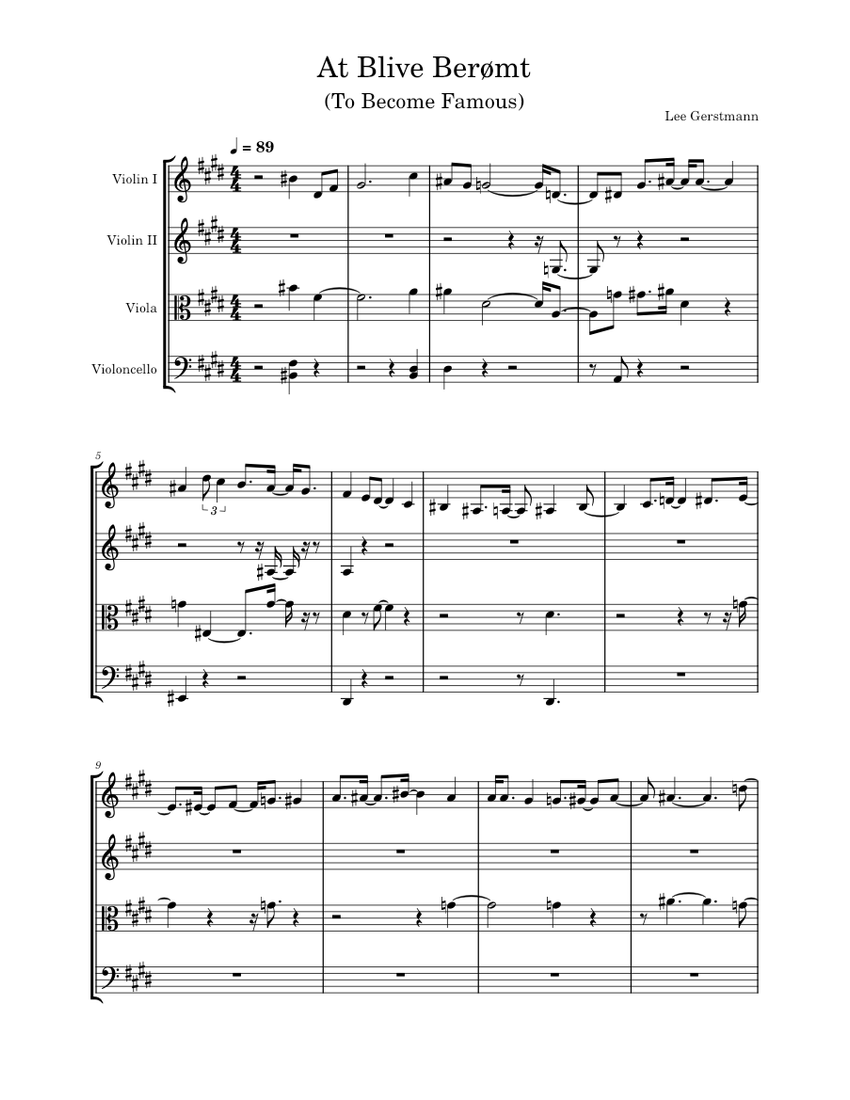 At Blive Berømt Sheet music for Violin, Viola, Cello (String Quartet ...