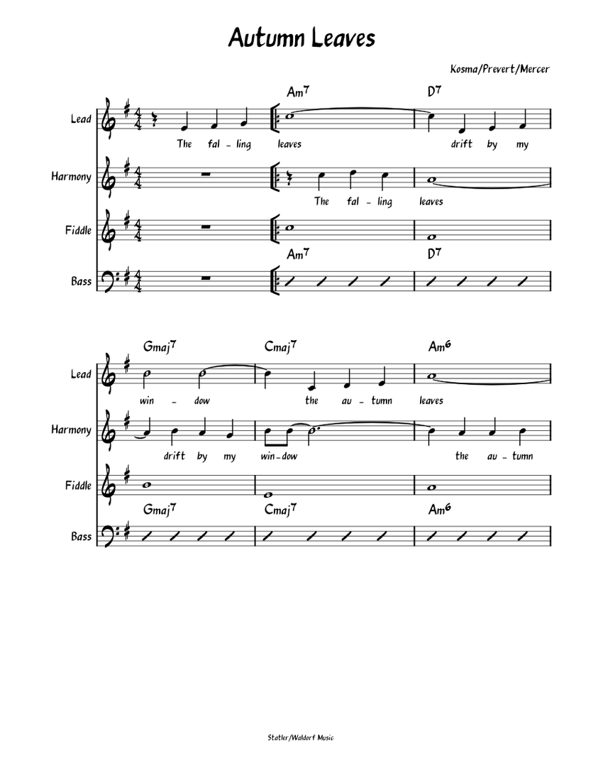 Autumn Leaves Sheet music for Piano, Vocals, Violin, Bass guitar (Mixed ...
