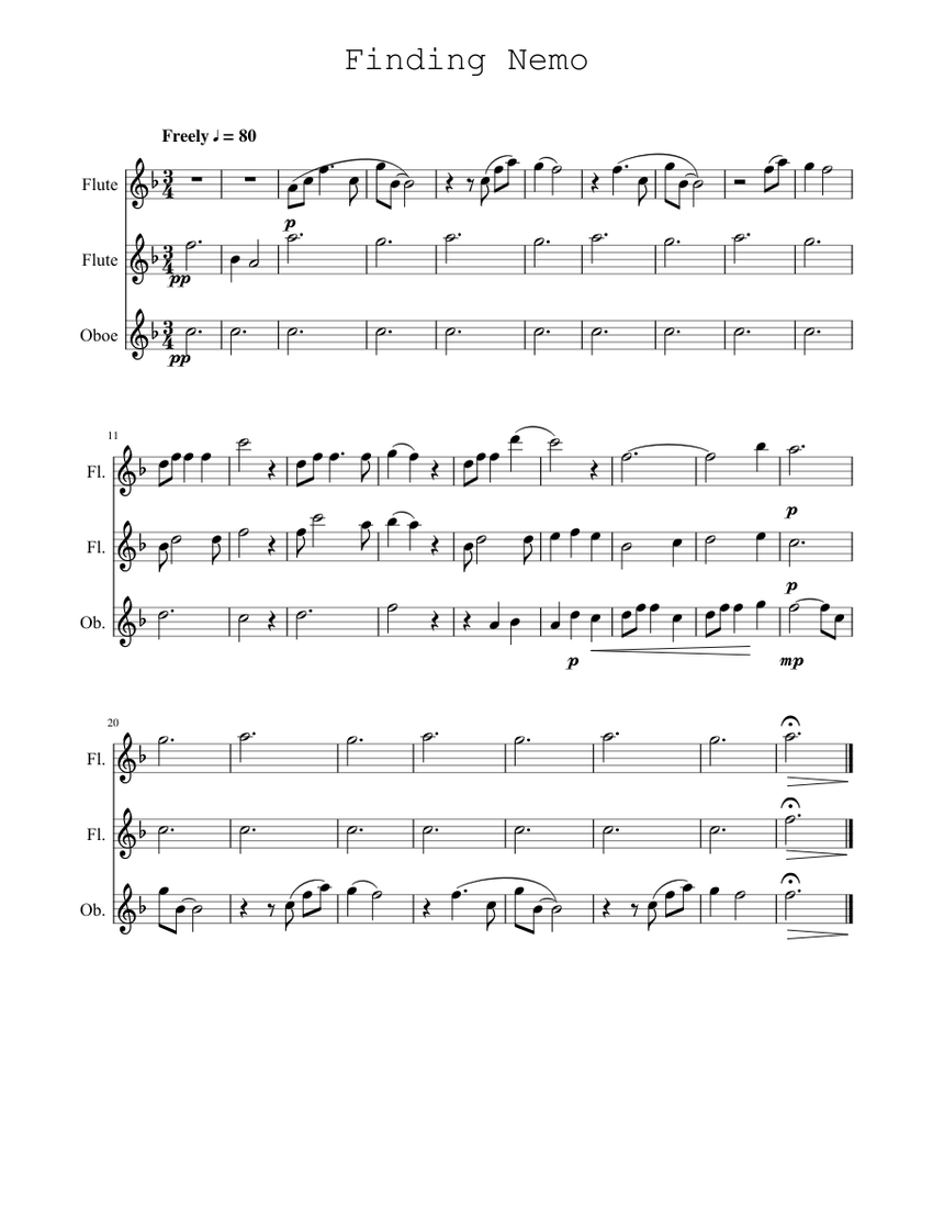 Theme from "Finding Nemo" Sheet music for Flute, Oboe (Mixed Trio ...