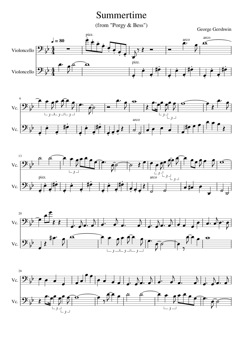 Summertime – George Gershwin Summertime Sheet music for Cello (String ...