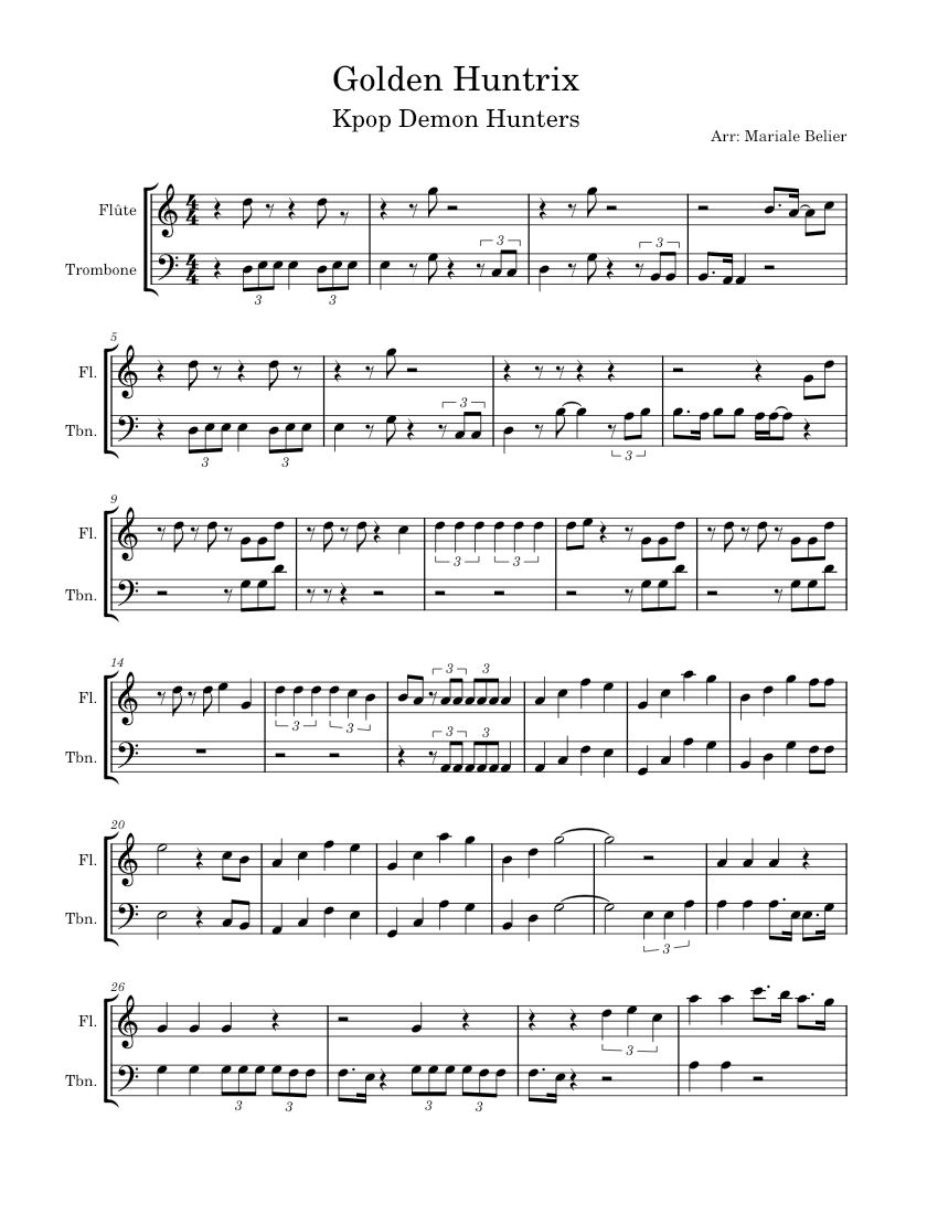 Golden Huntrix Kpop Sheet Music for Trombone, Flute (Mixed Duet ...