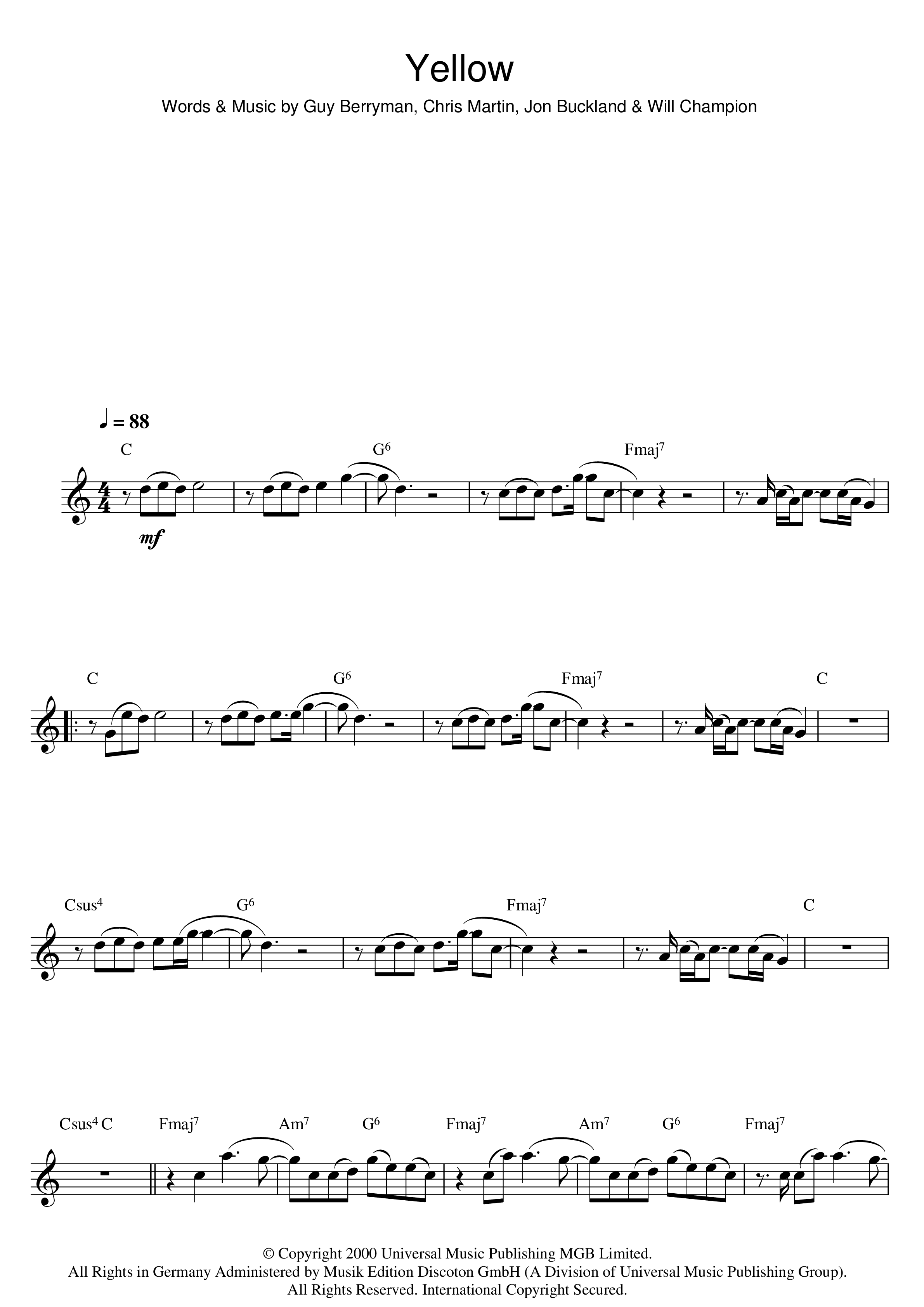 Play Official version of Yellow Sheet Music by Coldplay for Flute ...