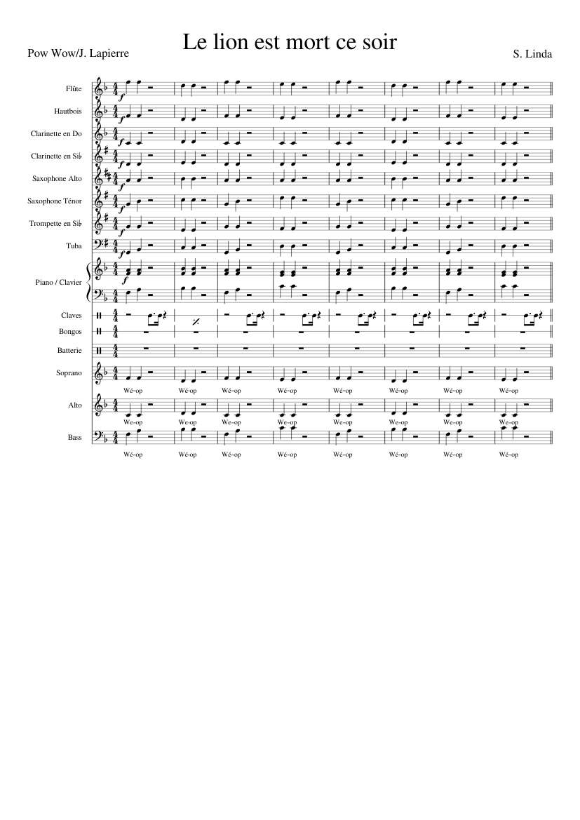 Le lion est mort ce soir Sheet Music for Piano, Soprano, Alto, Bass voice & more instruments ...