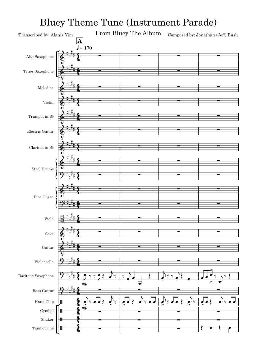 Bluey Theme Tune (Instrument Parade) – Joff Bush, Marly Luske Sheet ...