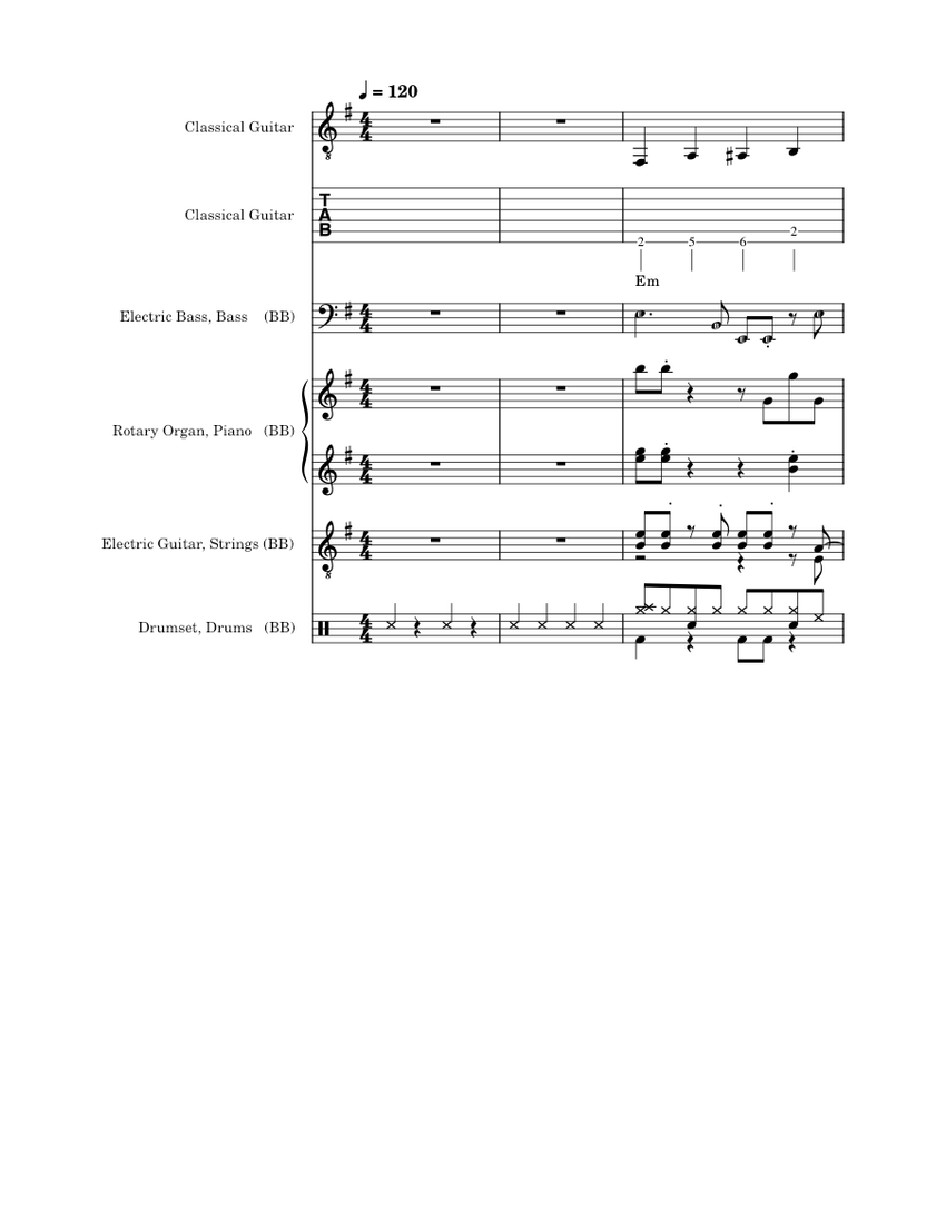 Em Sheet music for Organ, Guitar, Bass guitar, Drum group (Mixed ...