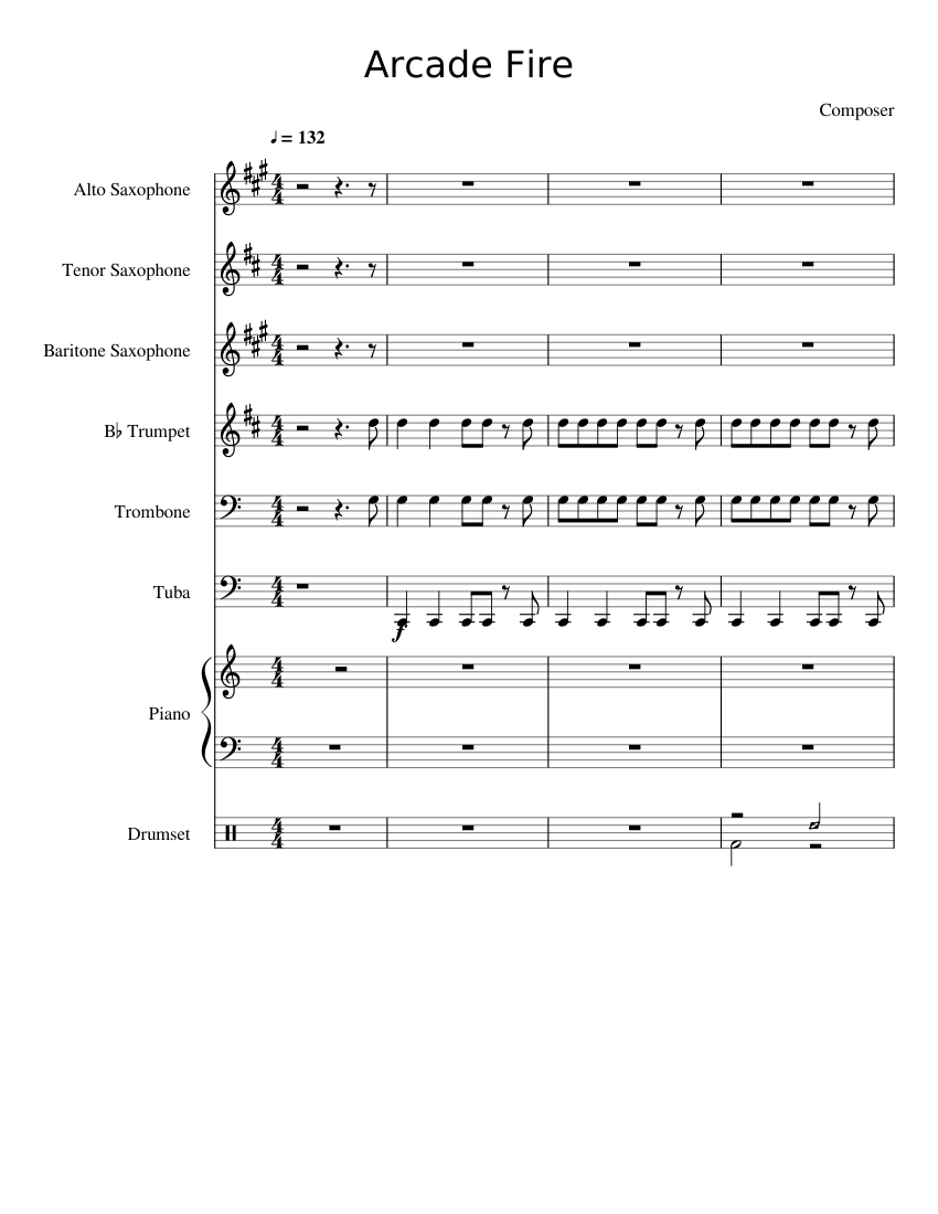 Wake Up by Arcade fire Sheet Music for Piano, Trombone, Tuba, Saxophone ...