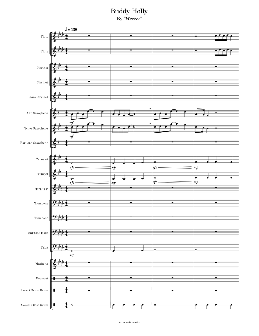 Buddy holly – Weezer For School (Concert) Band Sheet music for Trombone, Tuba, Flute, Clarinet ...